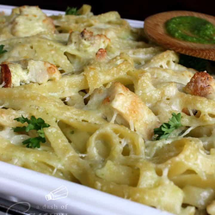 Creamy Pesto Alfredo Chicken Fettuccine Bake Dash Of Sanity