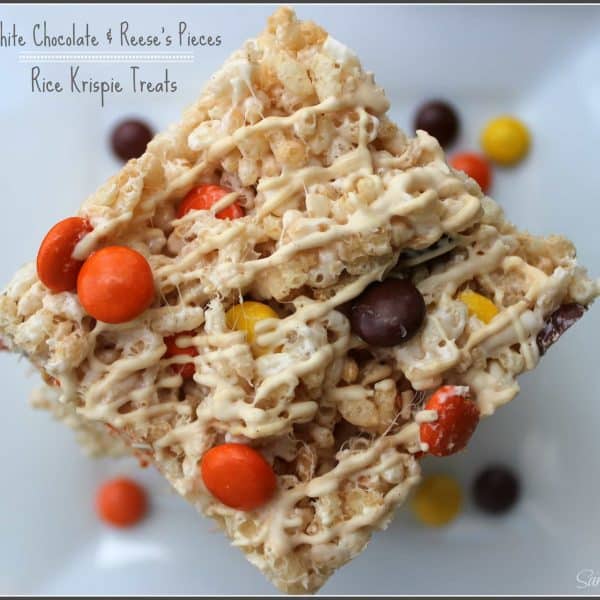 White Chocolate & Reese’s Pieces Rice Krispie Treats - Dash of Sanity